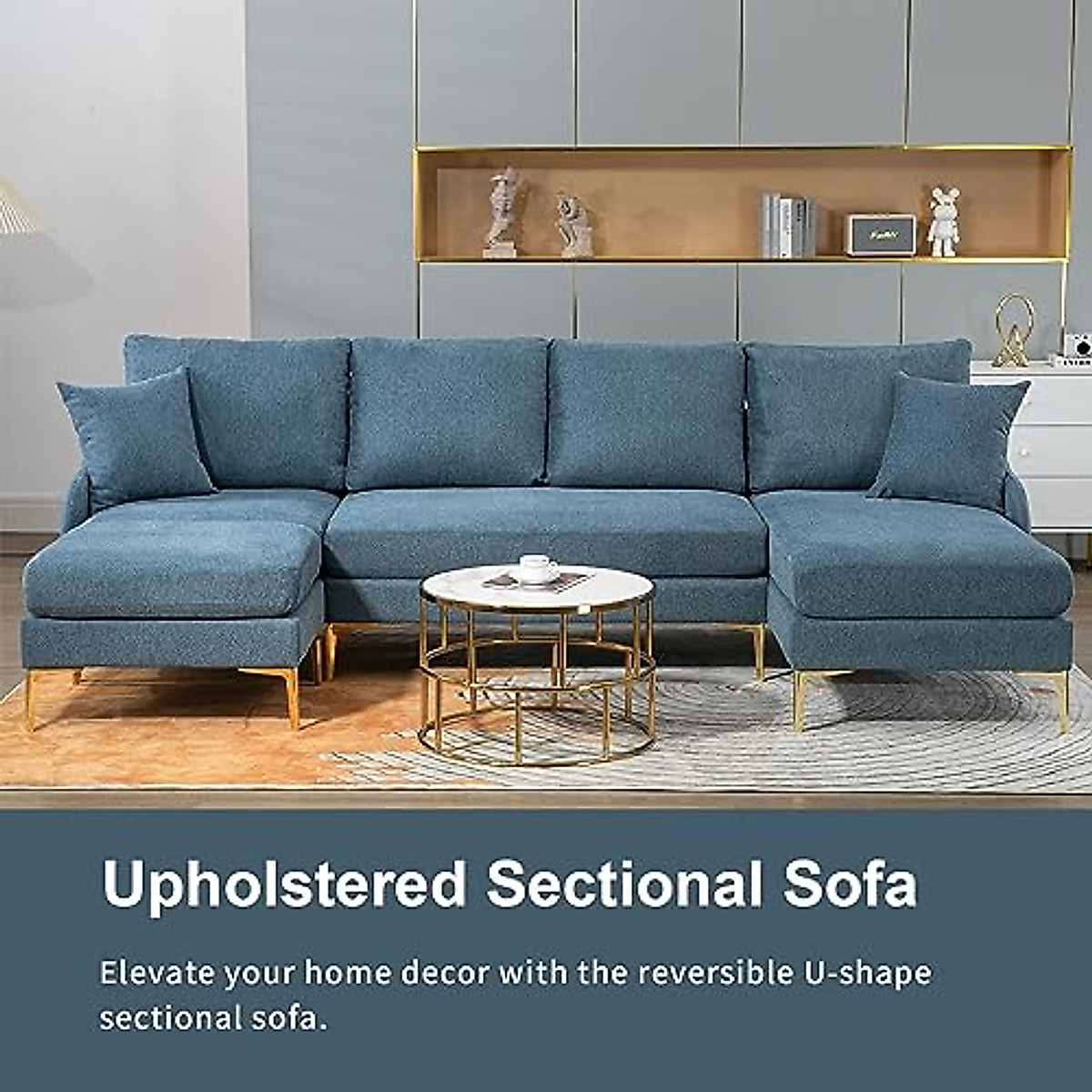 Sudwesto Reversible Sectional Sofa, U-Shape Convertible Sofa Couch, 4-Seat Upholstered Couch with Chaise, Furniture Sets Sectional Couch with Ottoman for Living Room, Apartment, Office (Blue)