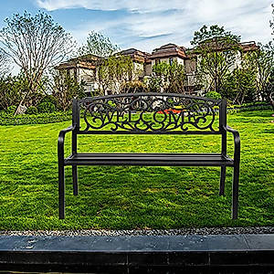 Dkeli Garden Patio Bench Outdoor Metal Park Bench Furniture Sturdy Cast Iron 50" Porch Chair Seat with Armrests 480BLS Bearing Capacity for Park Yard Deck Entryway, Black