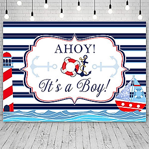 ABLIN 7x5ft Ahoy Nautical Boy Baby Shower Backdrop It's a Boy White Blue Stripes Marine Sea Lighthouse Ship Background Newborn Baby Gender Reveal Party Decor Banner Photo Booth Props