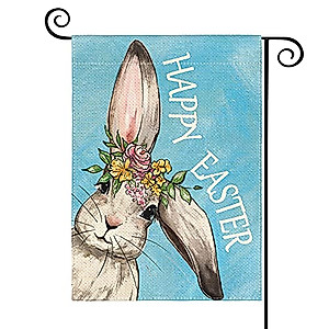 AVOIN colorlife Happy Easter Bunny Garden Flag 12x18 Inch Double Sided Outside, Rabbit Flower Yard Outdoor Decoration Blue