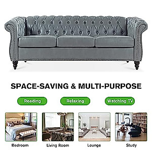 Gray 3 Seat Sofa, Retro Chesterfield Sofa Couch with Rolled Arms, 84.65" PU Leather Three Seater Sofa Couch for Living Room Bedroom Office
