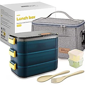 HOMESPON Bento Box with Lunch Bag - Leakproof 3-Tier Stainless Steel Container for Salads & More, Perfect for Teens & Adults, Comes with Reusable Wheat Straw Spoon/Fork & Food Grade Dressing Box