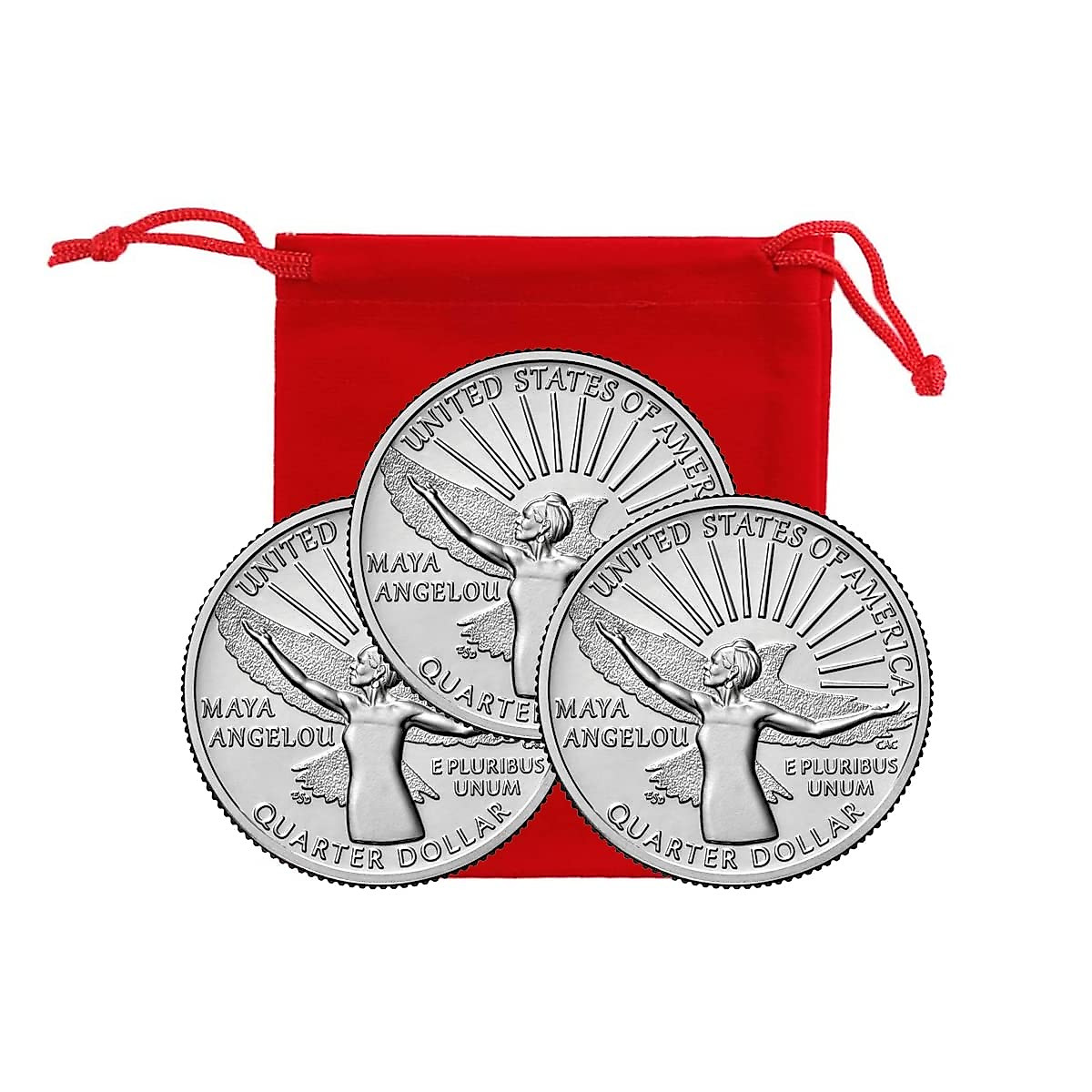 2022 P, D, S Maya Angelou, American Women Quarter Series 3 Coin Set in Red Velvet Bag Uncirculated