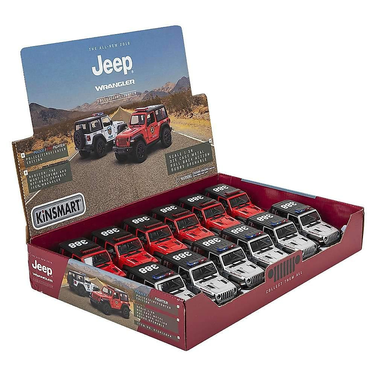 KiNSMART - 1/34 Scale Model Compatible with Jeep Wrangler Rubicon 2018 Emergency Services Hard Top (Red)