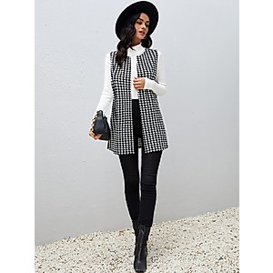 WDIRARA Women's Plaid Button Open Front Sleeveless Blazer Jacket Black Houndstooth L