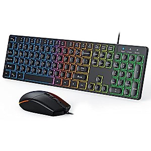 Backlit Wired Keyboard and Mouse, USB Corded Full-Size Keyboard and Mouse Combo with Number Pad, 7 Color Backlight, Plug and Play, Comfortable Typing, for Computers/Laptops/Windows