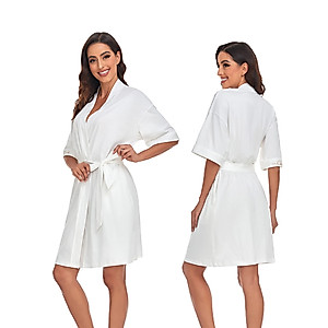 COLORFULLEAF Women's 100% Cotton Robes Summer Short Sleeve Bathrobe Knee Length Sleepwear with Pockets(White,M)