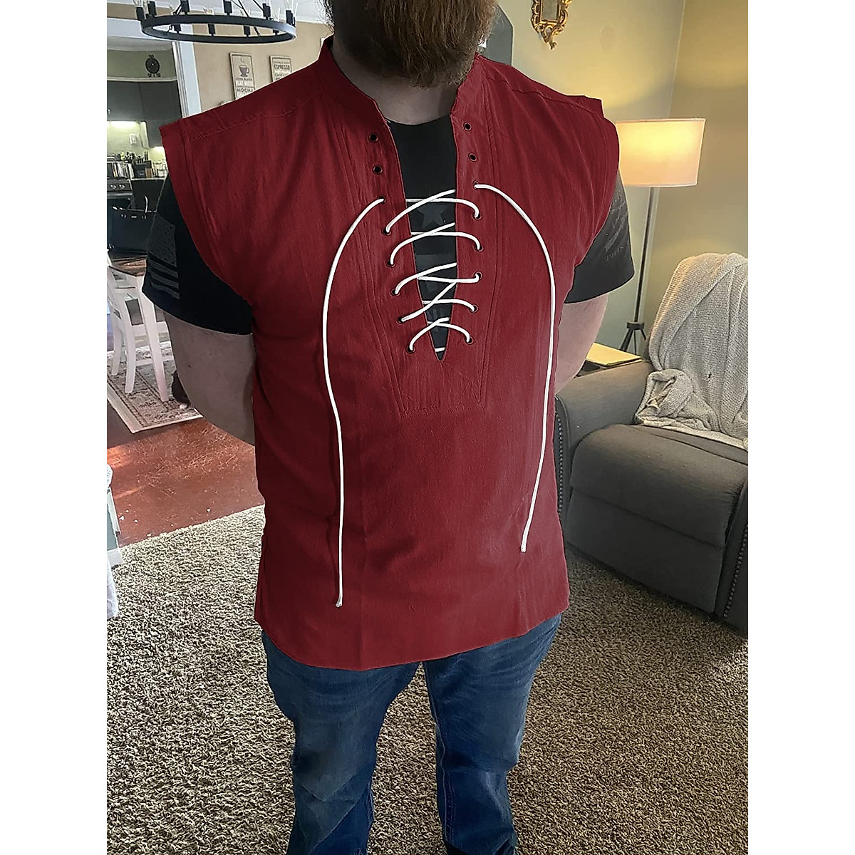 Viking Pirate Costume Men, Medieval Renaissance Shirt, Linen Gothic Victorian Vest, Sleeveless Steampunk Festival Tank Top, Plus Size Halloween Ren Faire Poet Cosplay Clothing(Red-2XL)