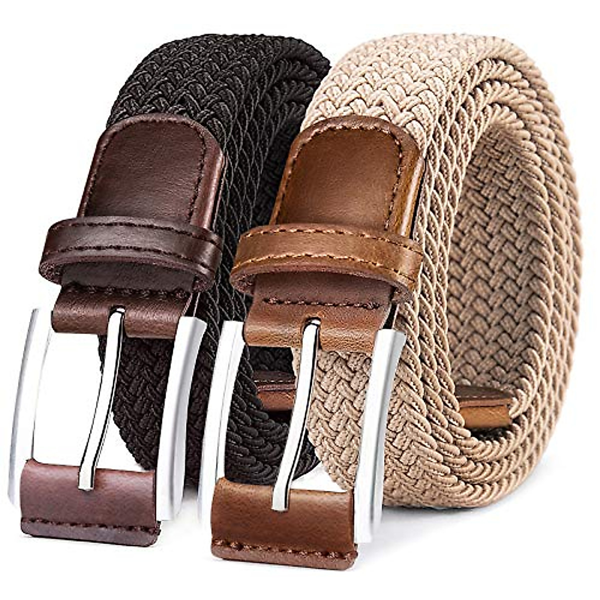 BULLIANT Belt for Men 2Pack,Mens Gift Stretch Braided Web Belt Elastic for Casual Golf Jeans,1 3/8"(Black/Beige,36"-40" Waist Adjustable)