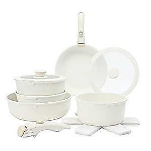 Country Kitchen 13 Piece Pots and Pans Set - Safe Nonstick Kitchen Cookware with Removable Handle, RV Cookware Set, Oven Safe (Cream)
