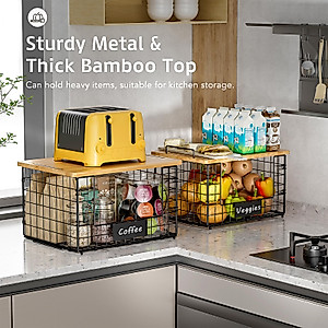 2 Pack XXL Stackable Wire Baskets with Bamboo Top for Pantry Organizers and Storage, Kitchen Organization Counter Basket for Fruit, Vegetable, Produce, Bread, Potato and Onion Storage Bins