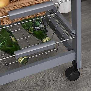 HOMCOM Mobile Kitchen Cart, Rolling Kitchen Island with Storage, Solid Wood Frame Utility Cart with Wire Fruit Baskets and Drawer, Gray