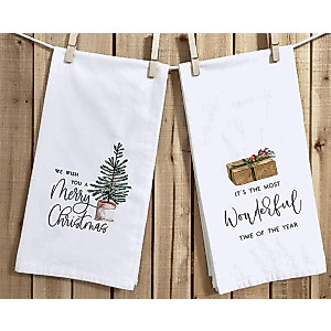 Merry Christmas Wonderful Time of The Year Kitchen Dish Towels, 18 x 28 Inch Winter Xmas Farmhouse Holiday Tea Towels for Cooking Baking Set of 2