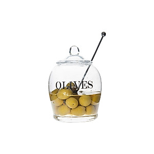 Creative Co-Op Clear Glass "OLIVE" Jar with Lid & Slotted Stainless Steel Spoon (Set of 3 Pieces including Lid)