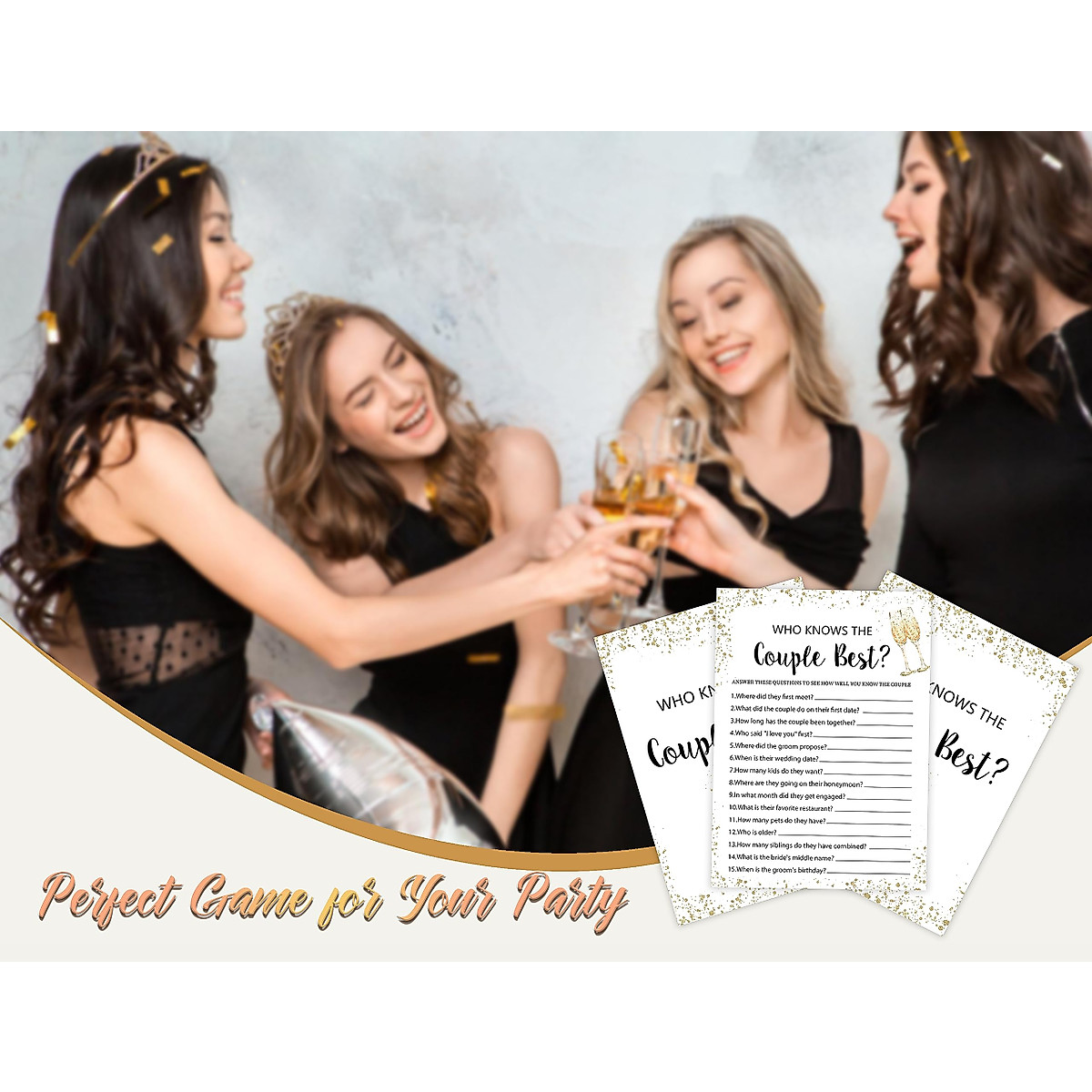 Who Knows The Couple Best Bridal Shower Game, Wedding Shower and Bachelorette Party - Set of 30 Cards, Gold Champagne Bridal Wedding Party Game Cards for Guests, Bridal Shower Party Decorations-LM1