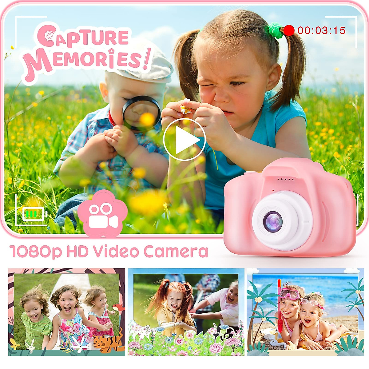MAVREC Kids Digital Camera Toys for Boys Girls Age 3-9, 1080P HD Selfie Video Cameras for Toddler with 32GB SD Card, Best Easter Birthday Gifts for Boys Girls 3 4 5 6 7 8 9 Year Old Pink