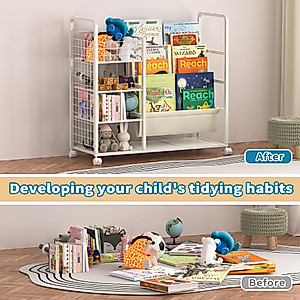 Livilord Kids Bookshelf and Toy Organizer, 3 Tier Bookshelf for Kids, Large Capacity Removable Book Shelf for Kids Rooms, Bedroom, Playroom, Nursery, Metal Toy Storage Organizer with Bookshelf, White