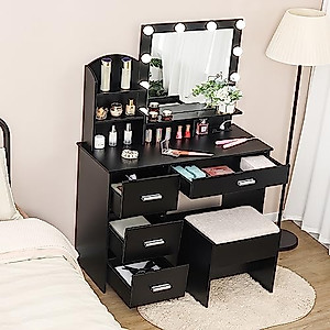 Quimoo Vanity Desk with Mirror and 10 LED Lights, Makeup Vanity with Charging Station and 4 Drawers Chest & Shelves, Vanity Set, Vanity Table with Cushioned Stool, for Bedroom, Black
