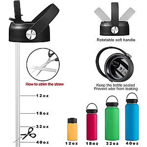 Hydroflask Lids with Straw 32 oz 40 oz Compatible with Hydro Flask Wide Mouth 64 oz Water Bottle, Cap Replacement with Straws, Hydro Flex Handle Top, Flask Water Bottle Accessories(Black 2 Pack)