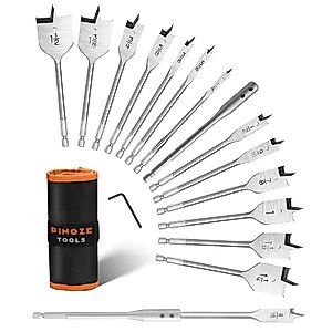 PINOZE 14-Piece Spade Drill Bit Sets with 6“ Extension, Paddle Flat Bit for Hole Cutter Woodworking, 1/4" to 1-1/2", Quick Change 1/4 inch Hex Shank, Nylon Storage Pouch Included