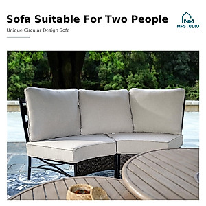 MFSTUDIO Patio Furniture Set, 10 Seats Half-Moon Curved Outdoor Sectional Sofa Conversation Set with 2 Wood-Like Round Table, Woven Rattan Patio Couch for Backyard, Garden, Deck