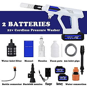 Portable Pressure Washer, 21V Power Washers Electric with Three-Speed Adjustable, 6-in-1 Adjustable Nozzle Battery Powered Washer w/2X3.0Ah Battery, for Car Washing Home Garden Cleaning
