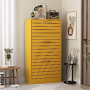 Homsee 3-Drawer Shoe Storage Cabinet with Louver Doors, 3-Tier Wood Shoe Rack Storage Organizer for Entryway, Yellow (22.4”L x 9.4”W x 42.3”H)