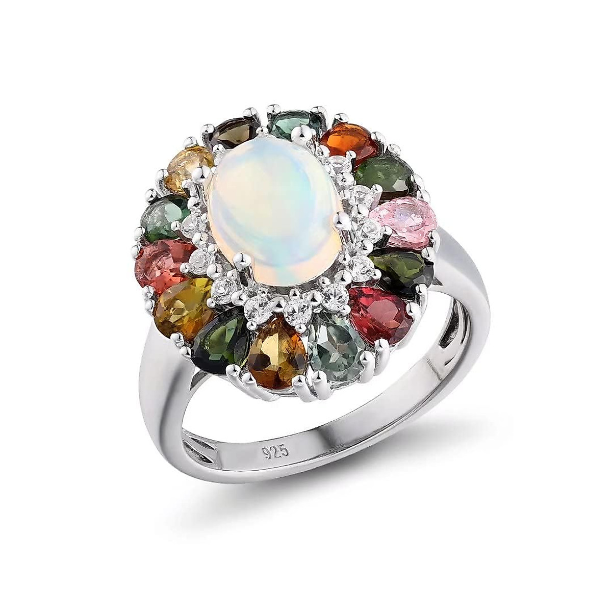 supermodel Multicolor Gemstone Signet Ring for Women Wedding Anniversary Jewelry Sterling Silver Band 925 Stamped Tourmaline Diamond Gem Ring Luxury Opal Ring Cocktail Rings Size 9