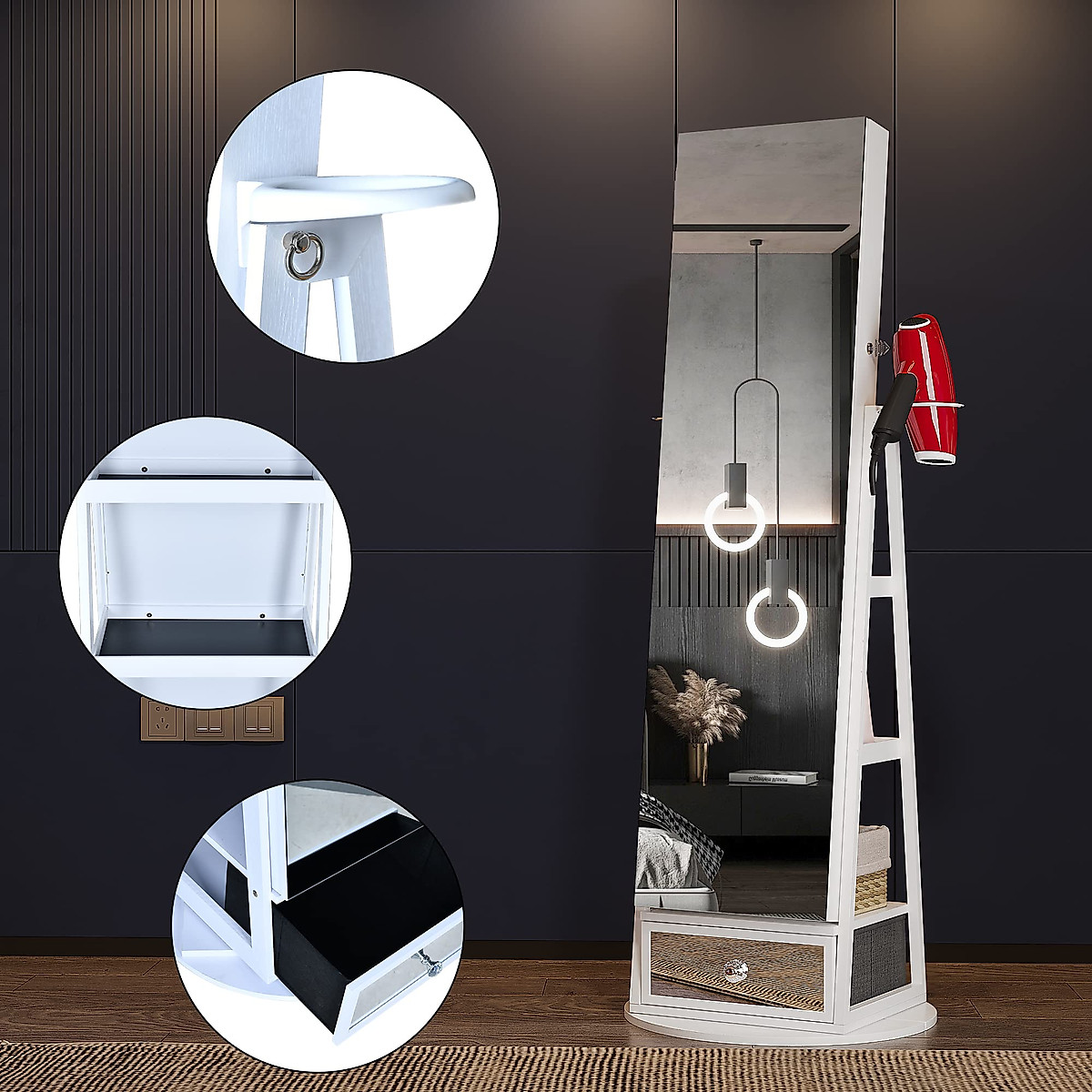 Dystler 360° Swivel Jewelry Cabinet with 6LED Lights, Rotatable Full Length Mirror with Jewelry Storage, Lockable Standing Jewelry Armoire Organizer, Foldable Makeup Shelf& Built-in Small Mirror,White