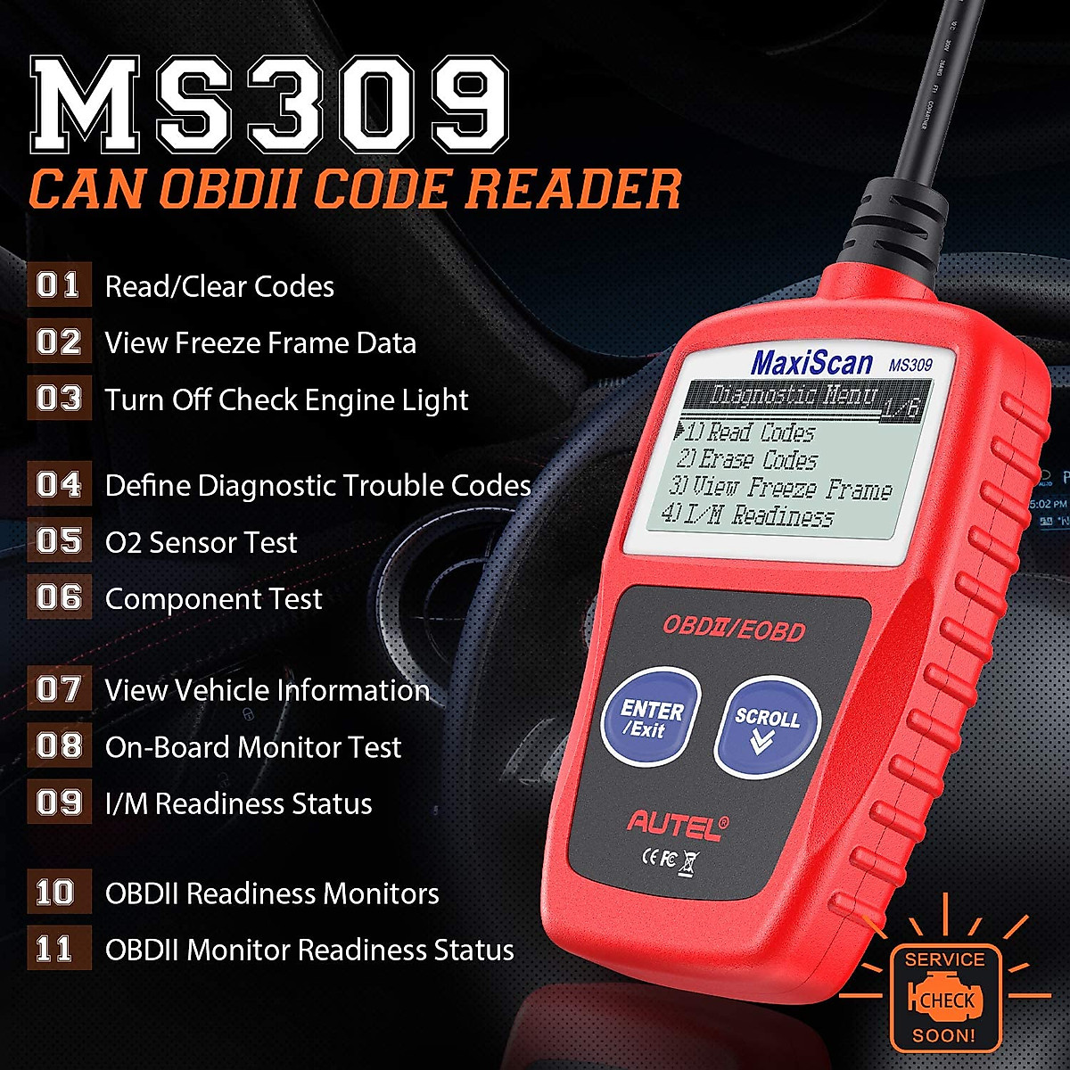 Autel OBD2 Scanner MaxiScan MS309 Car Check Engine Code Reader, Check Emission Monitor Status, 2024 Newest CAN Diagnostic Scan Tool for All OBD II Protocol Vehicles After 1996