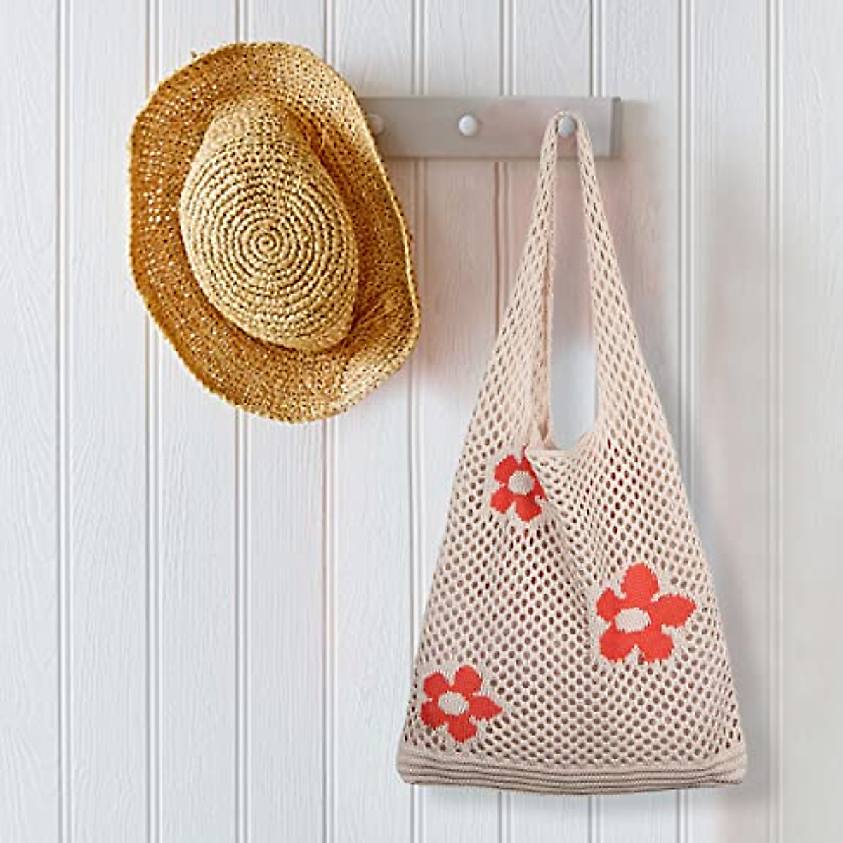 Emprier Women Retro Summer Hobo Bag Trendy Flower Knitted Shoulder Bags Mesh Hollow Tote Bag Casual Beach Purse