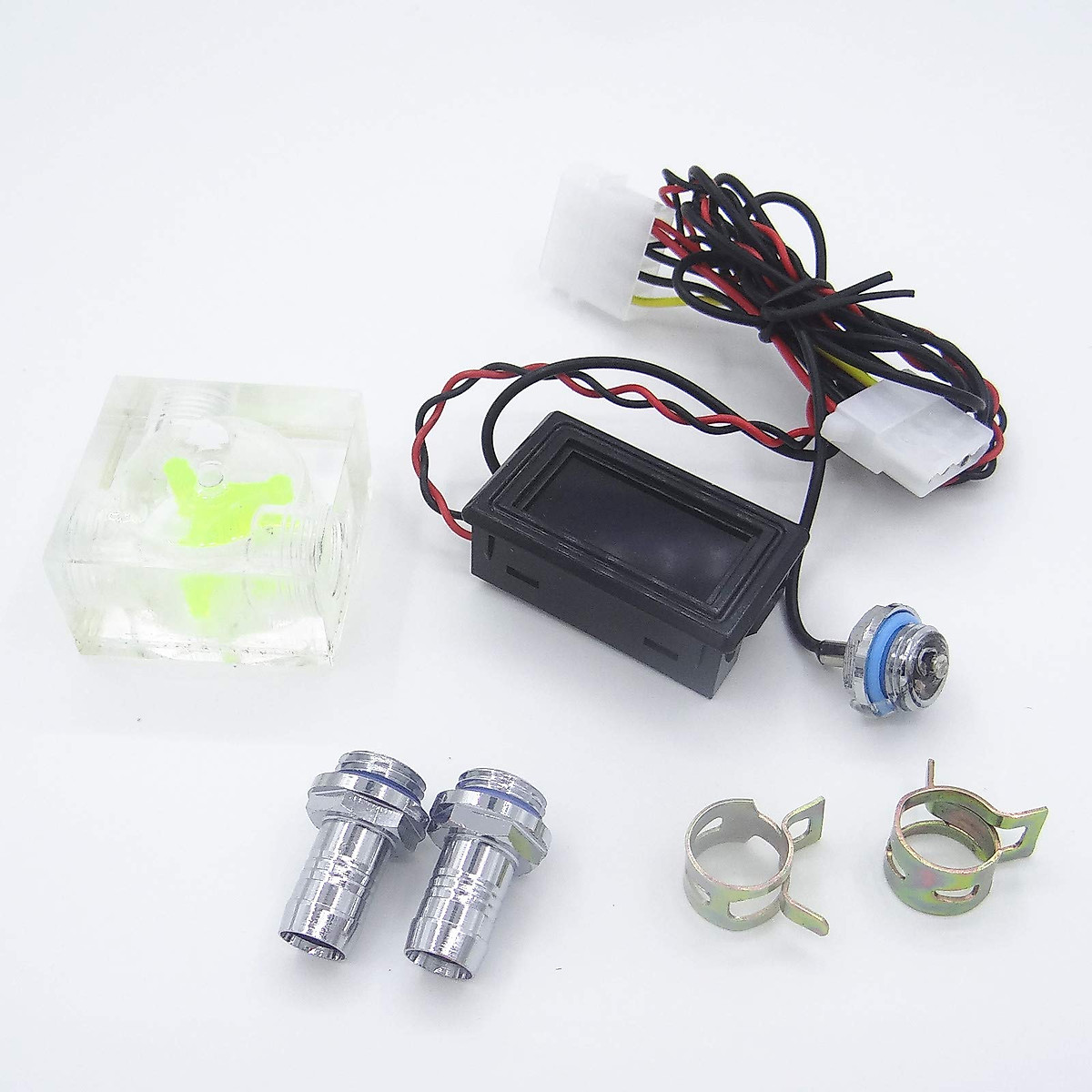 DC5V LED Thermometer 3 Way Flow Meter FlowMeter for Water Cooling Liquid Cooler System & 2 Barbs