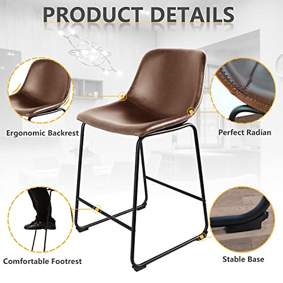 TAVR Furniture Faux Leather Counter Height Stools Armless Island Chairs Set of 2 with Backs for Home Kitchen Dining Room Bar Coffee Shop, Industrial Vintage Style, Brown