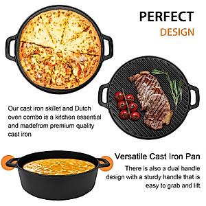 GEDIAO 3IN1 Pre-Seasoned Cast Iron Pan With Reversible Grill Griddle Lid, Multi Cooker Deep Roasting Grill Pan, Dutch Oven with Lid, Non-Stick Open Fire Camping, 5.2QT