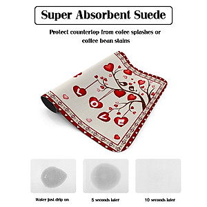 Valentines Day Dish Drying Mat for Kitchen Counter, Super Absorbent Quick Dry Coffee Bar Mat Pad Thin Diatomaceous Sink Mat Non Slip Dish Drainer Mat 12''x16'' Romantic Love Heart Tree Red