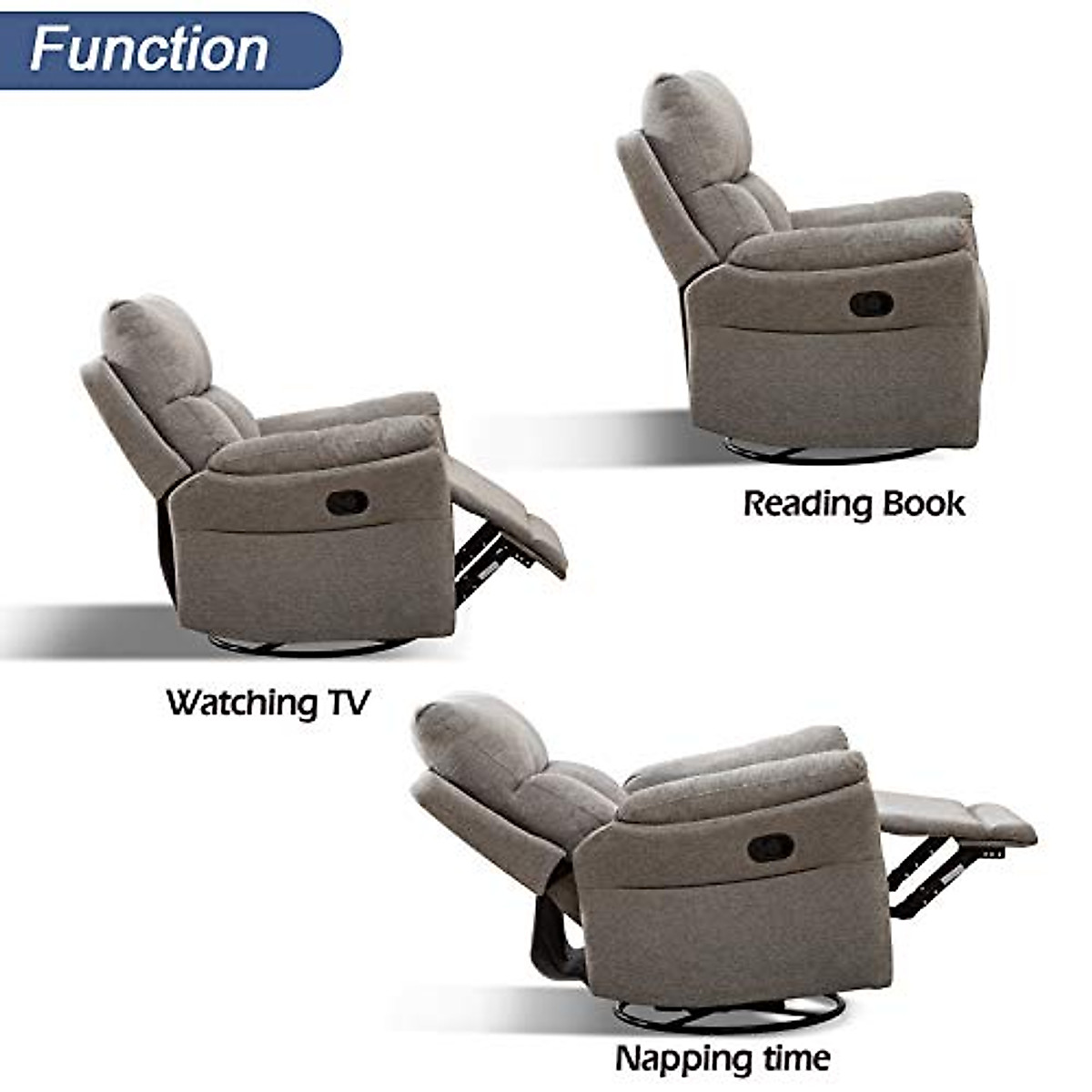 ANJ Swivel Rocker Recliner Chair, Manual Fabric Glider Nursery Recliner Chair, Single Rocking Modern Sofa Home Theater Seating for Living Room, Nursery (Silver)