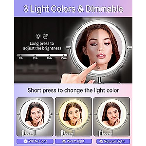 Rechargeable Wall Mounted Lighted Makeup Mirror, 1X/10X Magnifying Mirror with 3 Light Settings, 8 Inch 360° Swivel Extendable Bathroom Mirror, Double Sided Telescoping Mesh Vanity Mirror - Chrome
