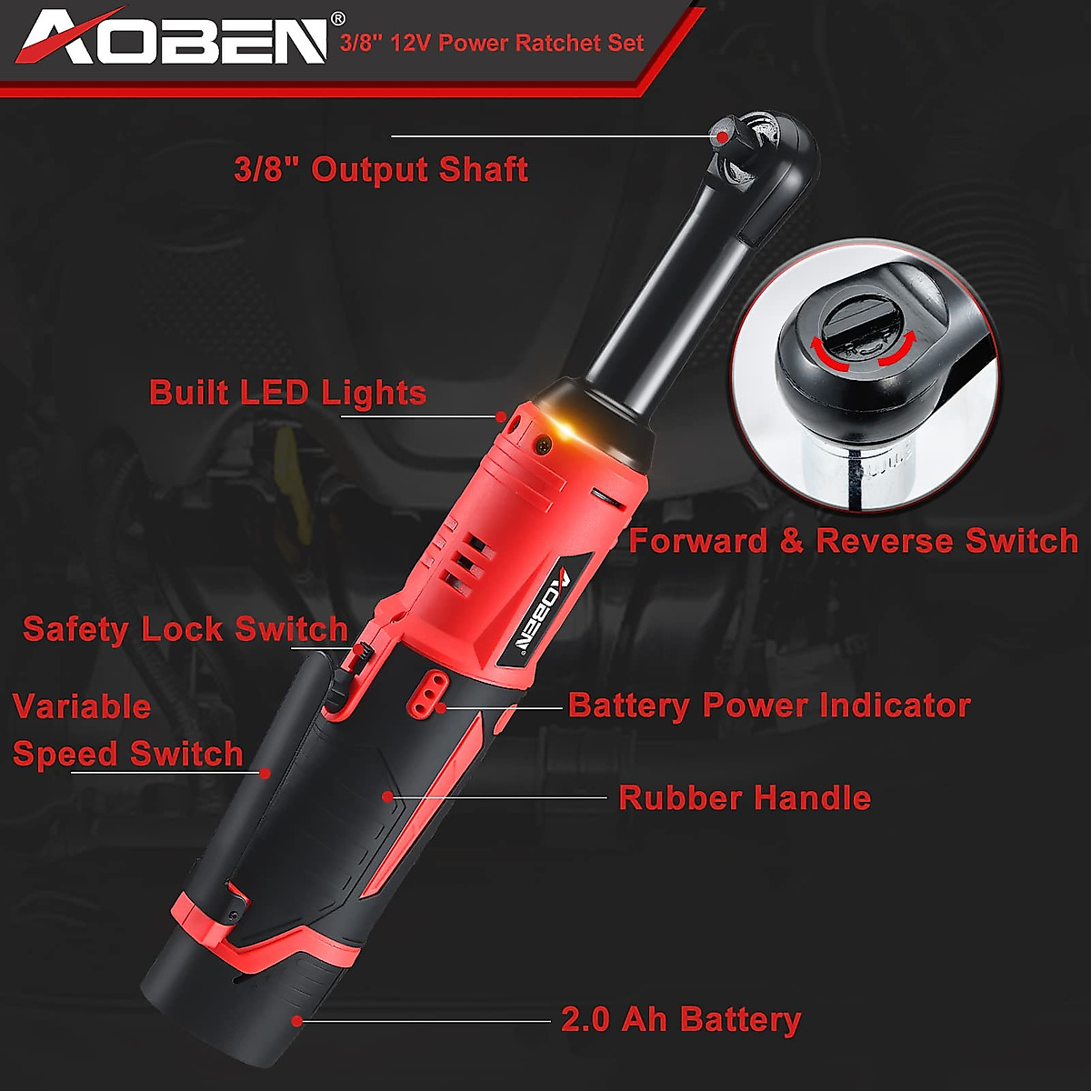 AOBEN 3/8" 40 Ft-lbs Cordless Electric Ratchet Wrench Kit with Variable Speed, Lithium Batteries