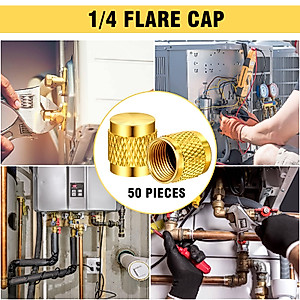 【Upgraded】50 Pcs 1/4" Brass Flare Cap, Solid Brass Caps with Neoprene O Ring Seal, 1/4" SAE HVAC Valve Caps