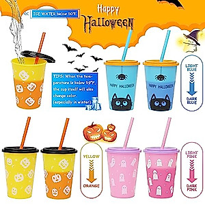 QTOP Halloween Party Color Changing Cups With Lids And Straws,6 Pack 13oz Plastic Tumblers With Lids And Straws Bulk,Reusable Halloween Cups For Party Favors