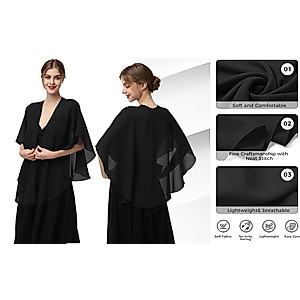 Womens Chiffon Shawls and Wraps, Wedding Party Shawl Scarf for Evening Dresses (Black)