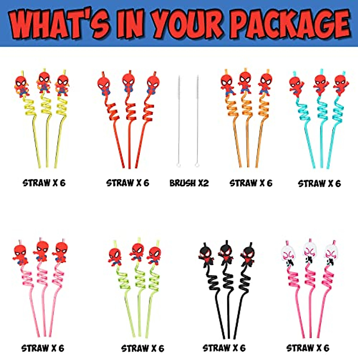NITELUO 24Pcs Spiderman Birthday Party Supplies Reusable Drinking Straws,8 Designs Spider Party Favors with 2 Cleaning Brush