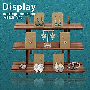 Auroal 51pcs 3-Tier Wood Earring Display Stand, Retail Display Riser Earring, Ring Holder Stand, Removable Countertop Small Merchandise Display Stand with 50 Pcs Earring Card (Light Brown)