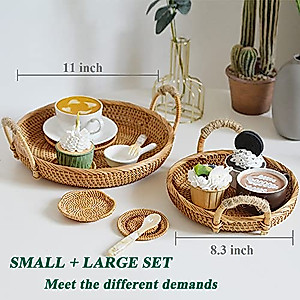 Rattan Round Serving Tray with Handle for Coffee Table Wicker Woven Small Large Bread Basket Storage Bathroom Home Decorative Tray Organizer Tabletop for Remotes, Candles, and Vase (Set of 2)
