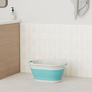 SAMMART 36L (9.5 gallon) Collapsible Plastic Laundry Basket - Oval Tub/Basket - Foldable Storage Container/Organizer - Portable Washing Tub - Space Saving Laundry Hamper, (Oval, Grey/Bright Blue)