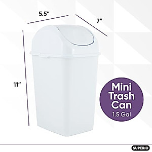 Superio 1.25 Gal Mini Plastic Trash Can with Swing Top Lid Small Waste Bin for Countertop, Desk, Vanity, Bathroom 5 Quart (White)