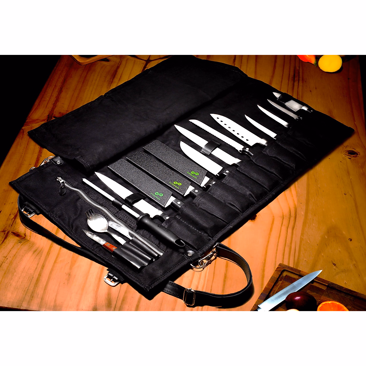 EVERPRIDE Chef Knife Roll Bag Holds 12 Knives and Cooking Tools – Durable, Large Knife Case Made of Canvas and Genuine Leather – Elegant Chef Bag for Professional Cooks – Knives Not Included