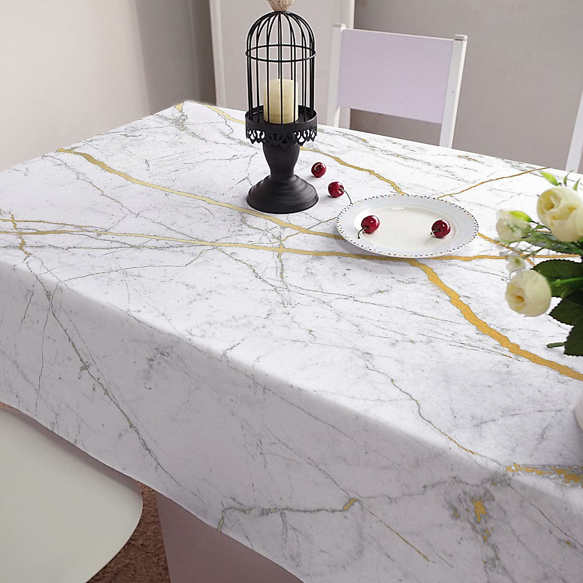 LBCASA Marble Tablecloth Waterproof Tablecloths, Gray Gold White Marble Table Cloth Dining Table Cover Cloth for Kitchen Party Outdoor Tabletop Decor, Rectangle Tablecloth 52x70 Inch