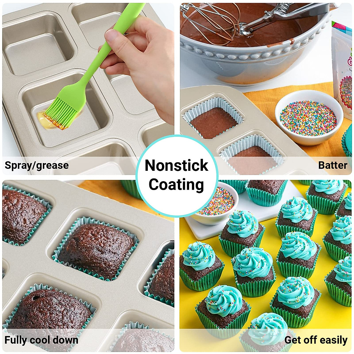 Beasea Brownie Pan, 1 Pack 6 Cavity Gold Nonstick Square Mini Brownie Muffin Cake Pan Cheesecake Cupcake Bakeware Carbon Steel Brownie Baking Tray 2x3 Individual Cutter Bakeware for Oven Baking