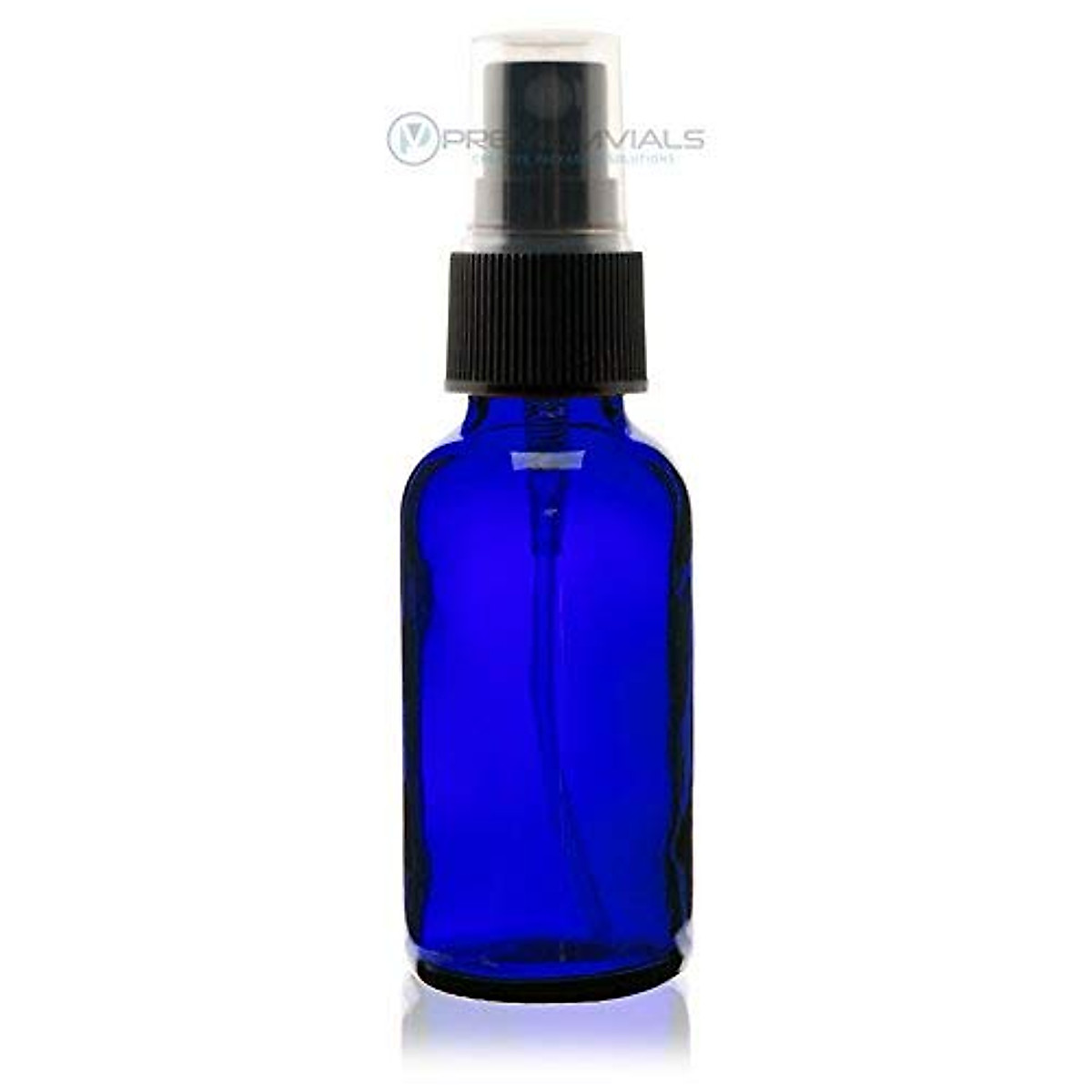 1 Oz (30 ml) Blue Boston Round Glass Bottle w/Black Fine Mist Sprayer - 12 pcs